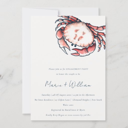 Chic Red Navy Underwater Crab Nautical Engagement Invitation | Zazzle