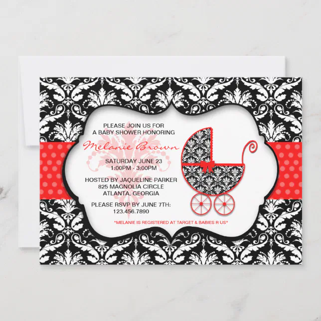 Chic Red Polka Dot Damask Baby Shower Invite | Zazzle