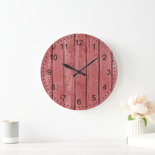 Chic Red Rustic Faux Wood Large Clock | Zazzle