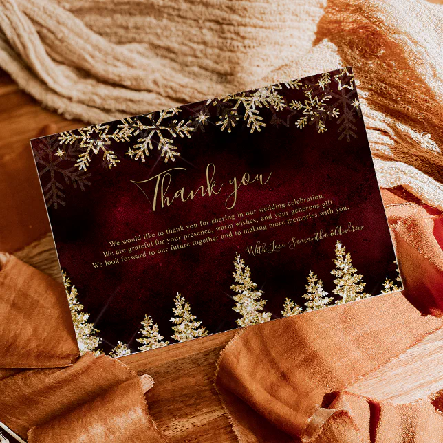 Chic red Winter gold snow pine wedding Thank You Card | Zazzle