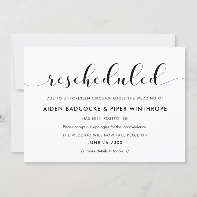 Chic rescheduled wedding date update invitation | Zazzle