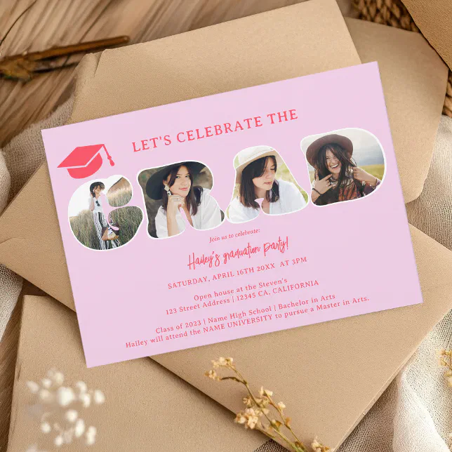 Chic Retro hot pink 3 photos script graduation Invitation | Zazzle