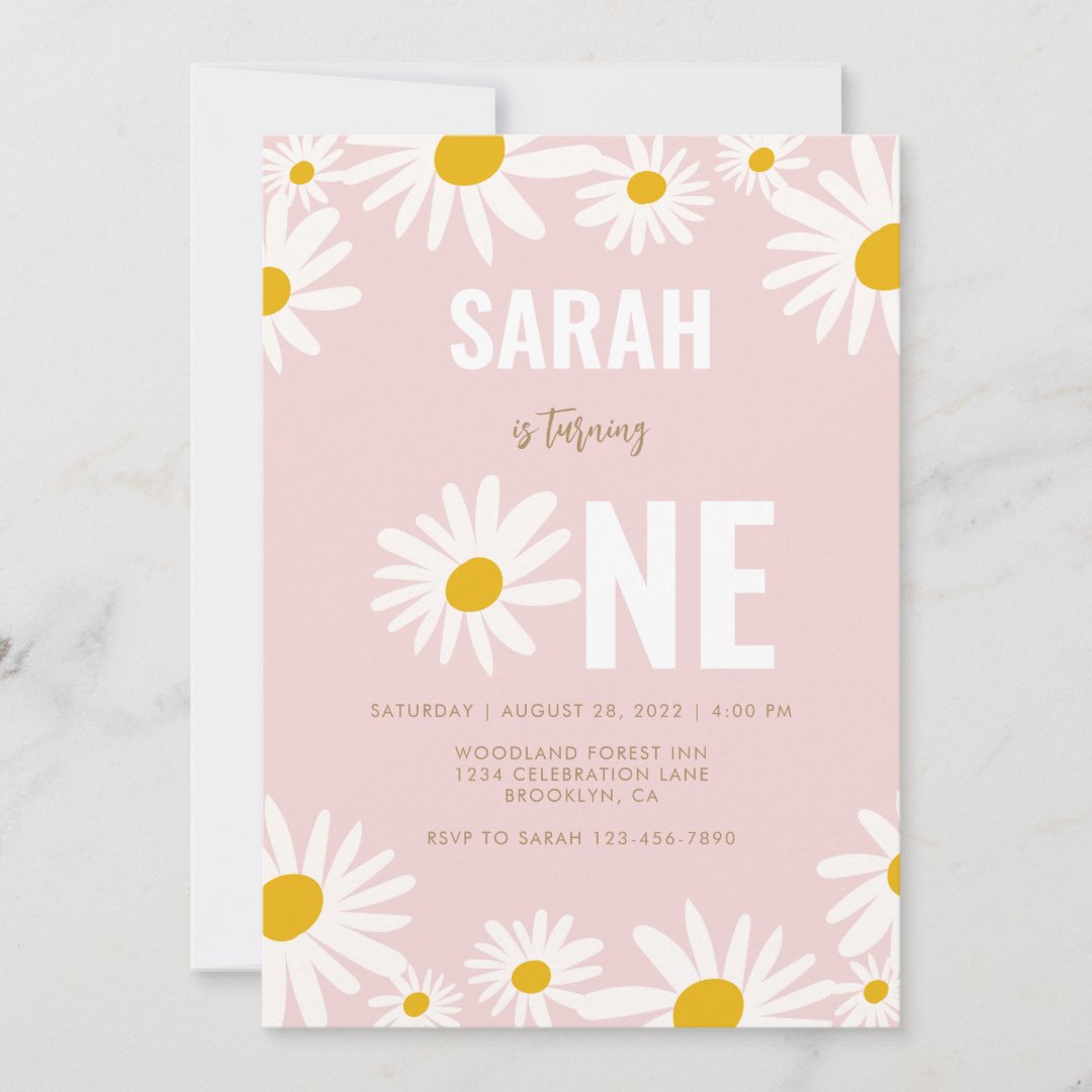 Chic Retro Pink Daisy Flower 1st Birthday Invitation | Zazzle