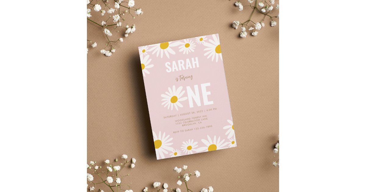 Chic Retro Pink Daisy Flower 1st Birthday Invitation | Zazzle