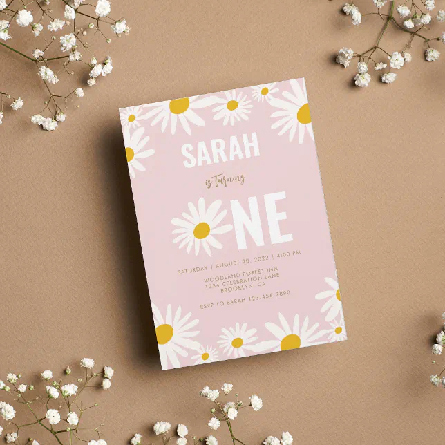 Chic Retro Pink Daisy Flower 1st Birthday Invitation | Zazzle
