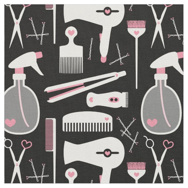Chic Retro Pink Black Hair Salon Tools Fabric | Zazzle