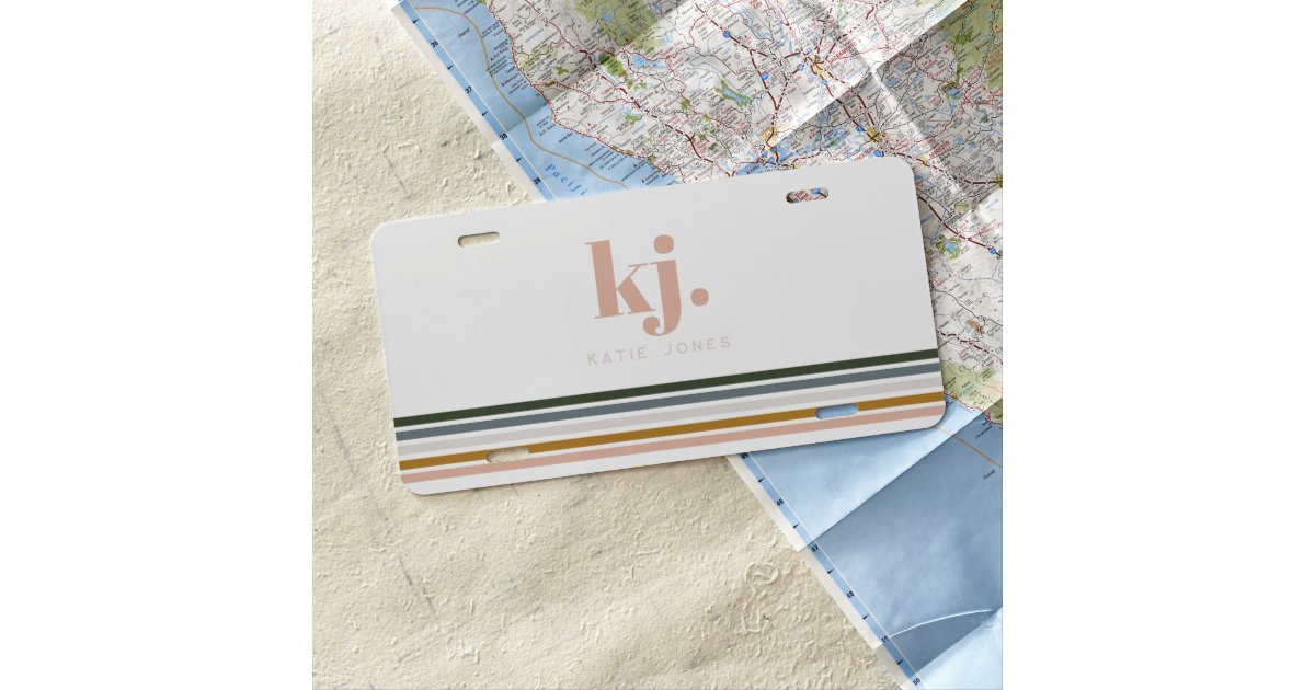 Chic Retro Stripes Monogram License Plate | Zazzle