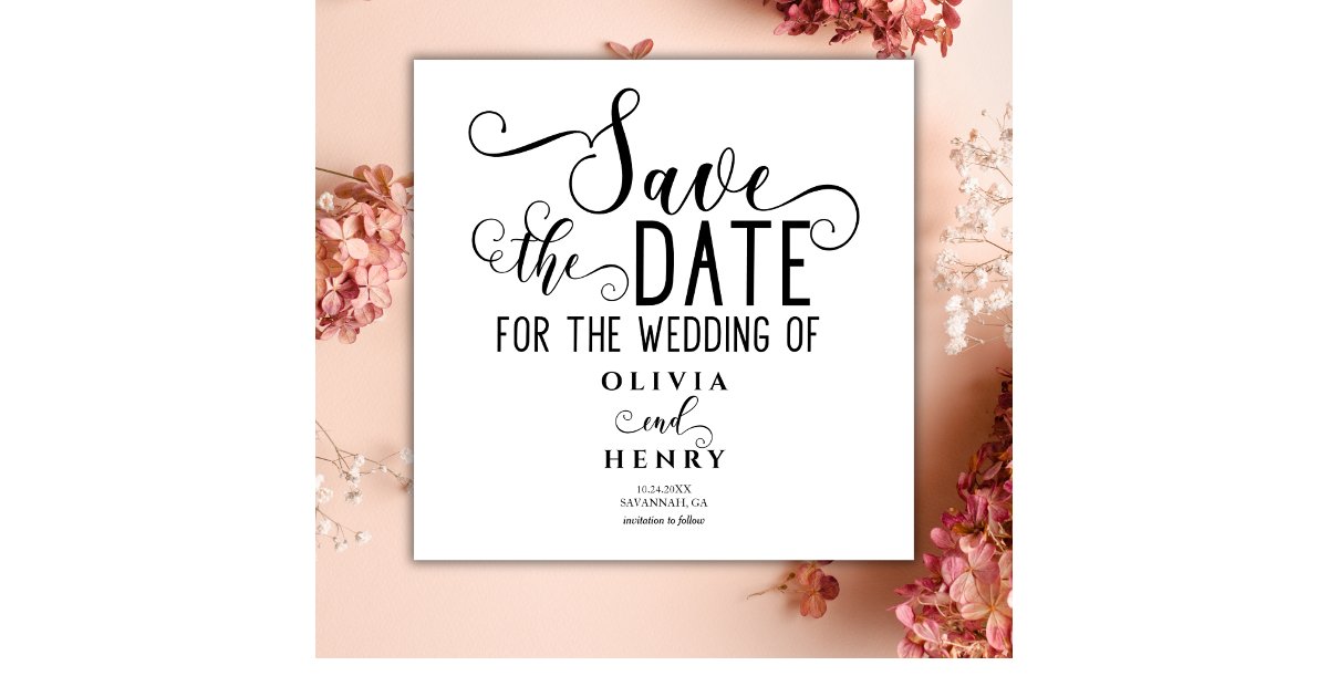 Chic Romantic Calligrphy Black and White Save The Date | Zazzle