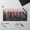 Chic rose blush black dripping monogram desk mat | Zazzle
