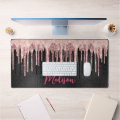 Chic rose blush black dripping monogram desk mat | Zazzle