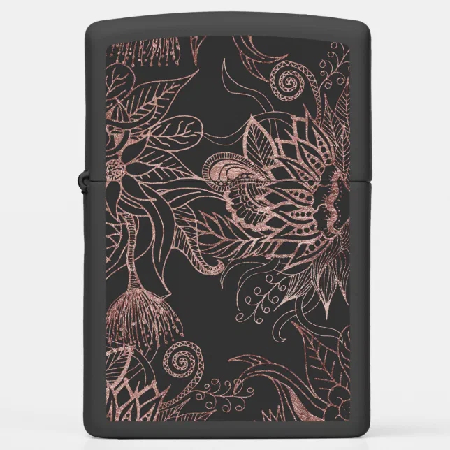 Chic Rose Gold and Black Flowers Leaves Zippo Lighter | Zazzle