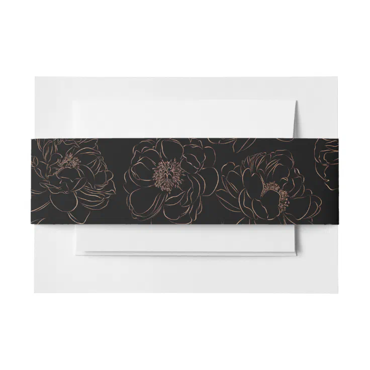 Chic Rose Gold Black Floral Wedding Invitation Belly Band | Zazzle