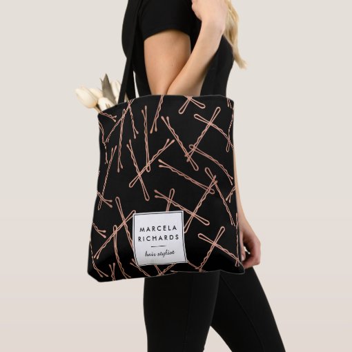 Chic Rose Gold Bobby Pins Black Personalized Tote Bag | Zazzle