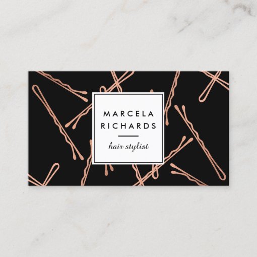 Chic Rose Gold Bobby Pins Hair Stylist Salon Black Business Card | Zazzle