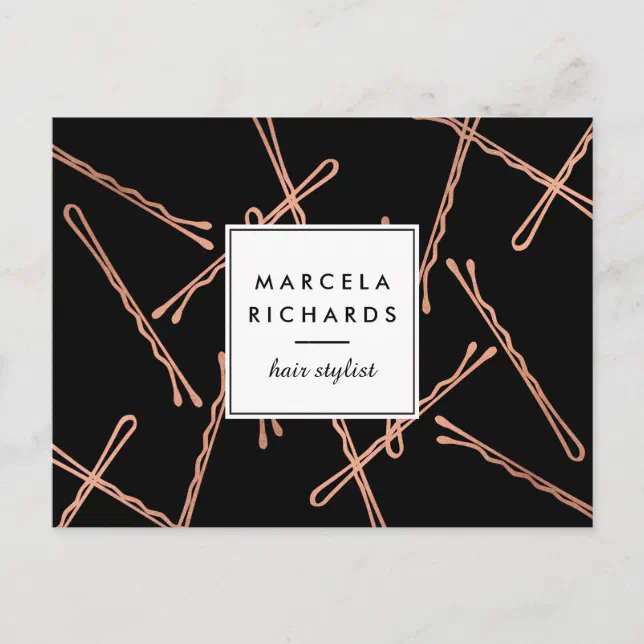 Chic Rose Gold Bobby Pins Hair Stylist Salon Black Postcard | Zazzle