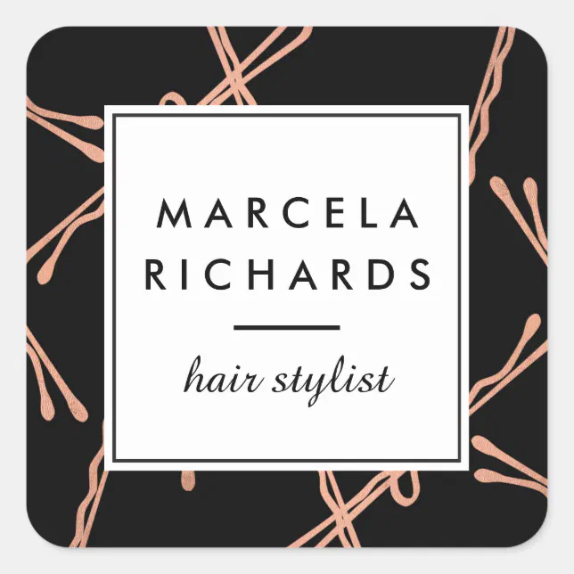 Chic Rose Gold Bobby Pins Hair Stylist Salon Black Square Sticker | Zazzle