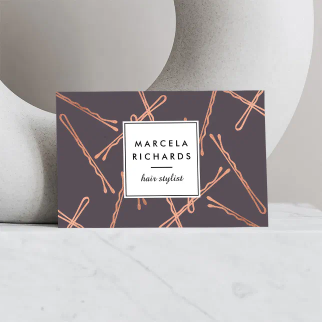 Chic Rose Gold Bobby Pins Hair Stylist Salon Gray Business Card | Zazzle
