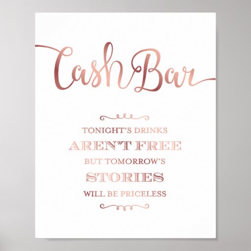 Chic Rose Gold CASH BAR QUOTE Sign Print | Zazzle