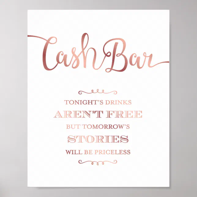 Chic Rose Gold CASH BAR QUOTE Sign Print | Zazzle
