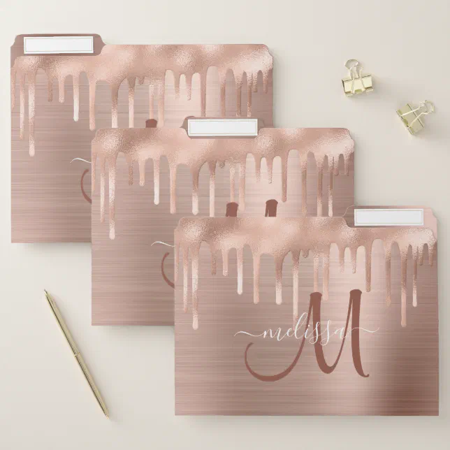 Chic Rose Gold Dripping Brushed Metal Monogram File Folder | Zazzle