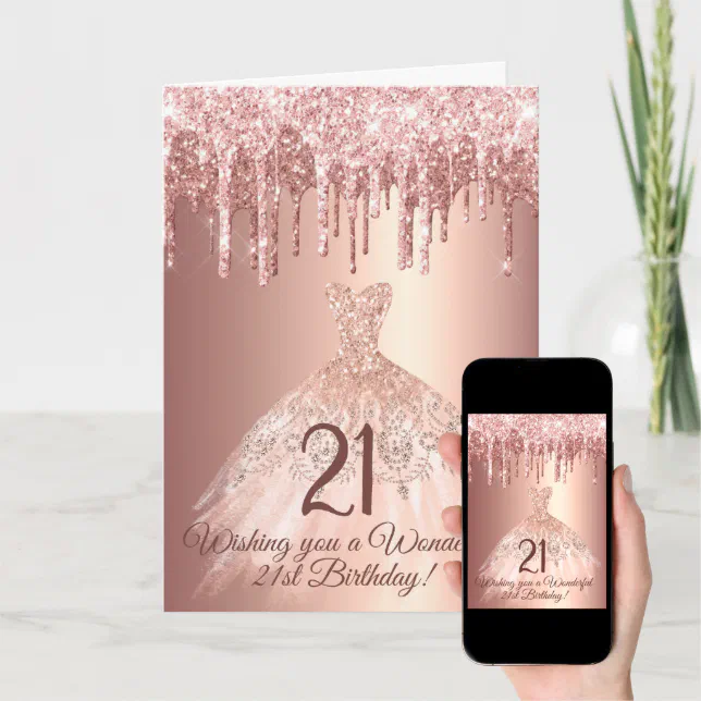 Chic Rose Gold Dripping Glitter Birthday Card | Zazzle