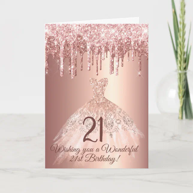 Chic Rose Gold Dripping Glitter Birthday Card | Zazzle