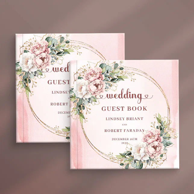 Chic Rose Gold Flowers and Greenery Wedding Guest Guest Book | Zazzle
