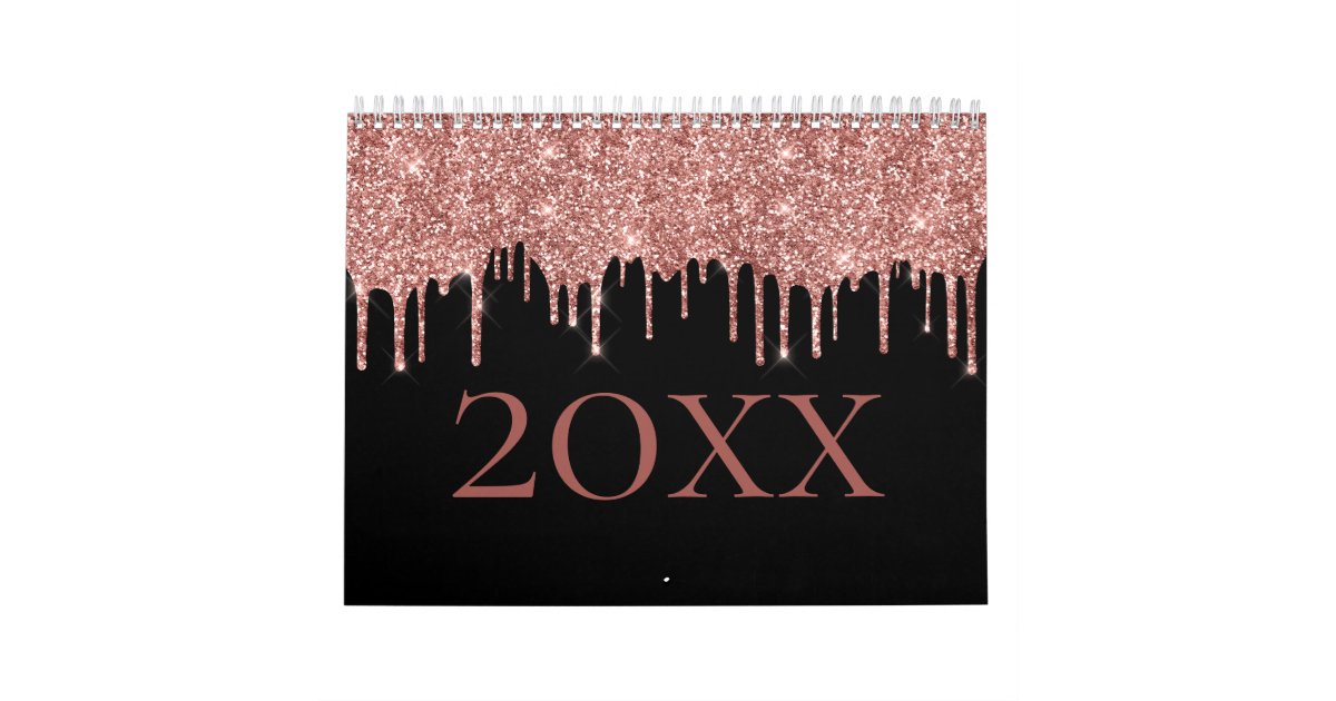 Chic Rose Gold Glitter Blush Monogram Name Black Calendar | Zazzle