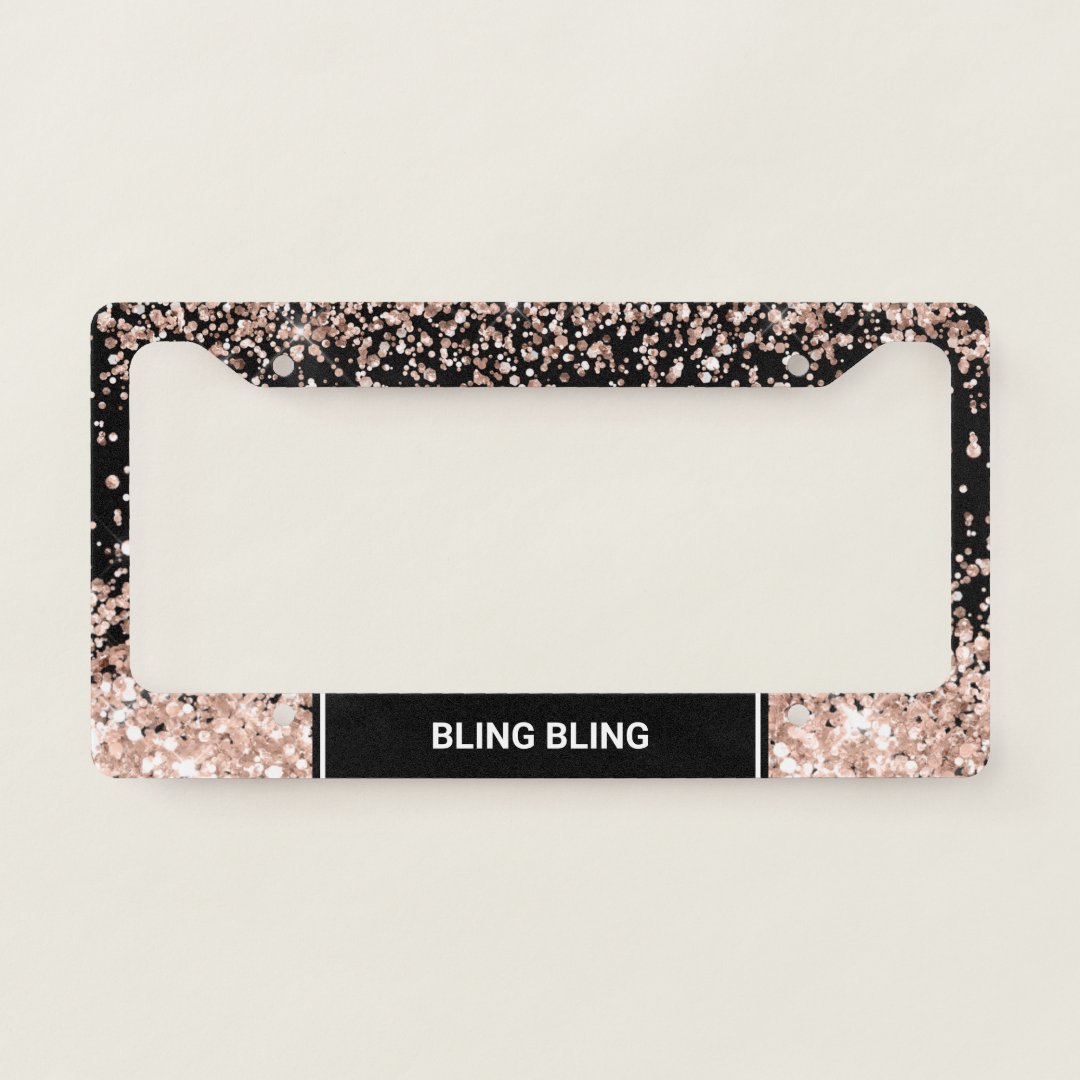 Chic Rose Gold Glitter Confetti Monogram Black License Plate Frame | Zazzle
