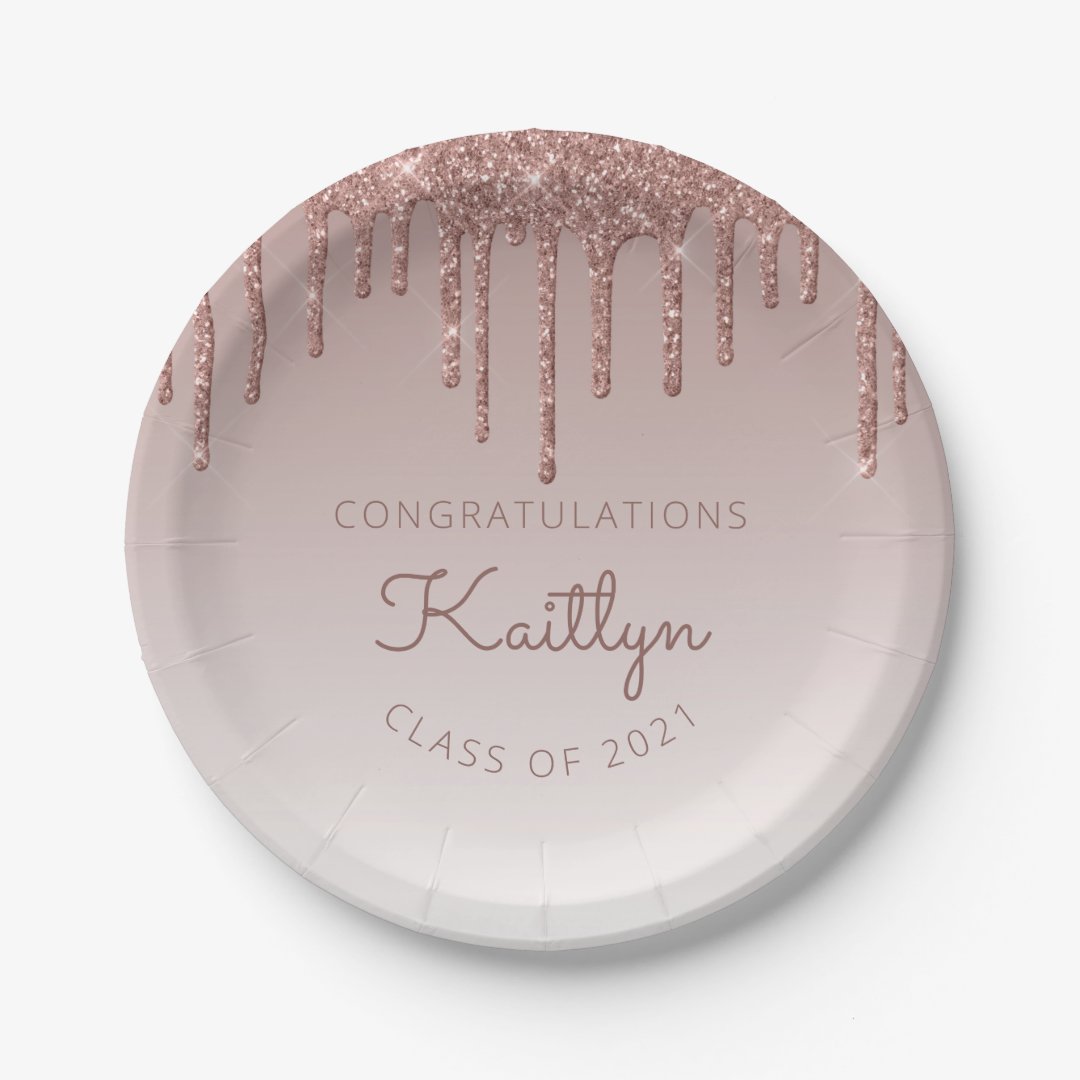 Chic Rose Gold Glitter Drip Graduation Party Paper Plates | Zazzle