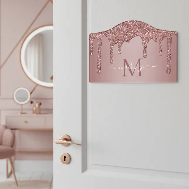 Chic Rose Gold Glitter Drips Monogram Door Sign | Zazzle
