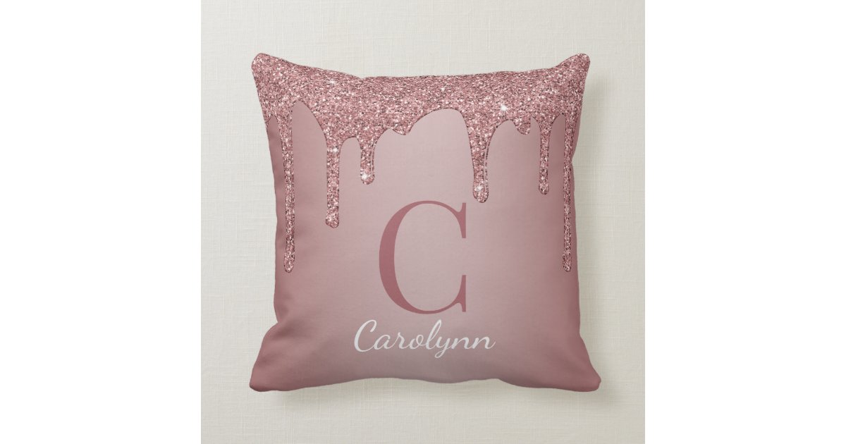 Chic Rose Gold Glitter Drips Monogram Throw Pillow | Zazzle.com