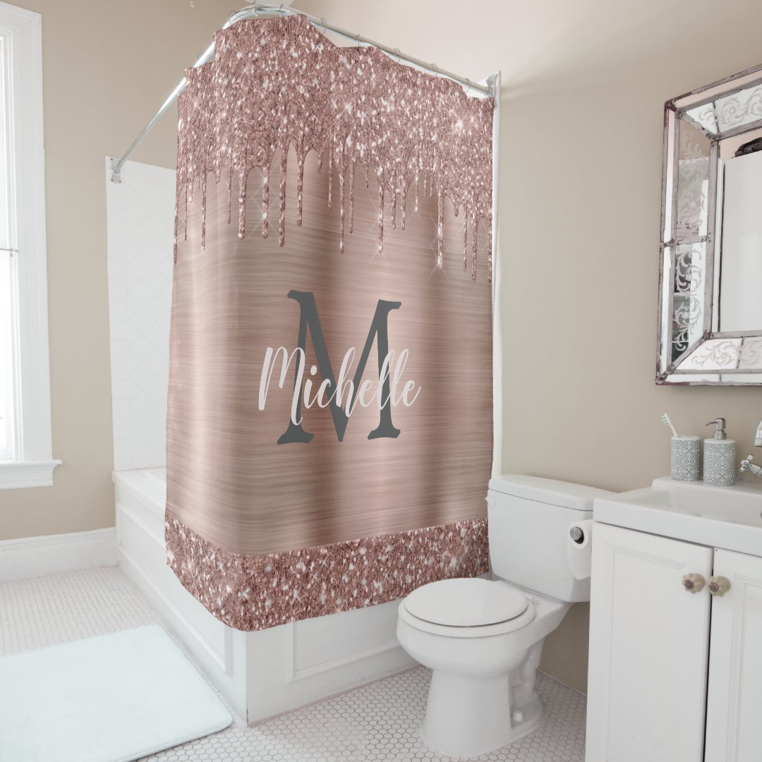 Chic Rose Gold Glitter Drips Pink Metal Monogram Shower Curtain | Zazzle