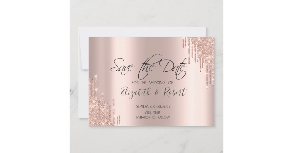 Chic Rose Gold Glitter Drips Save The Date | Zazzle