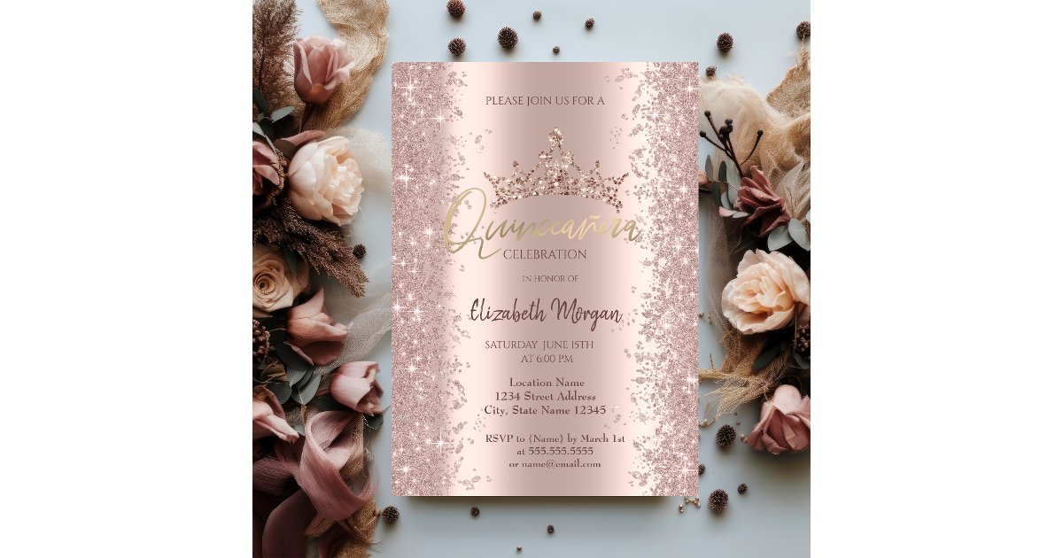 Chic Rose Gold Glitter Dust Crown Quinceañera Invitation | Zazzle