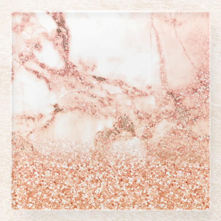 Chic rose gold glitter ombre pink glitter marble glass coaster | Zazzle