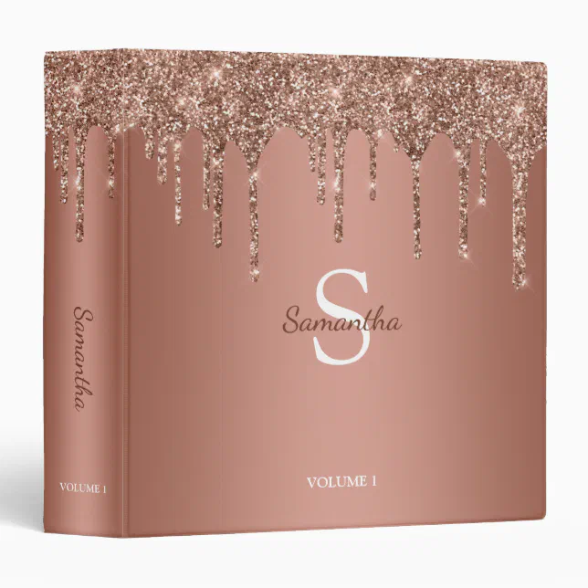 Chic Rose Gold Glitter Sparkle Drip Monogram Name 3 Ring Binder | Zazzle