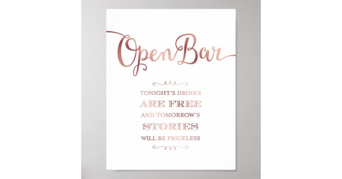 Chic Rose Gold OPEN BAR QUOTE Sign Print | Zazzle