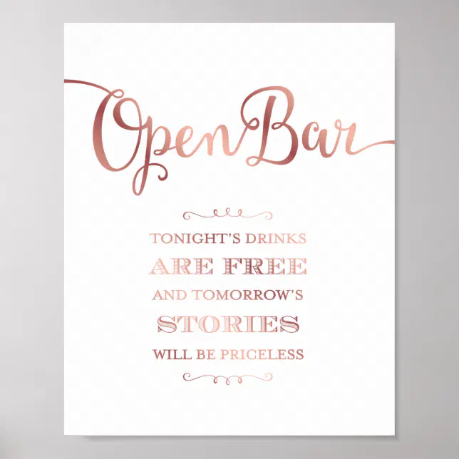 Chic Rose Gold OPEN BAR QUOTE Sign Print | Zazzle