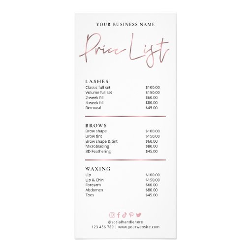 Chic Rose Gold Salon Price List Of Services Rack Card | Zazzle