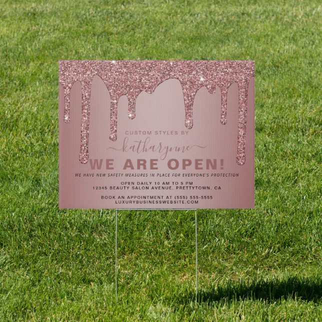 Chic Rose Gold Sparkle Glitter Drips Business Open Sign | Zazzle