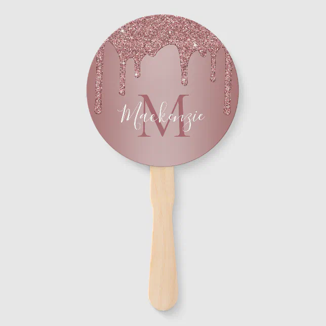 Chic Rose Gold Sparkle Glitter Drips Monogram Hand Fan | Zazzle