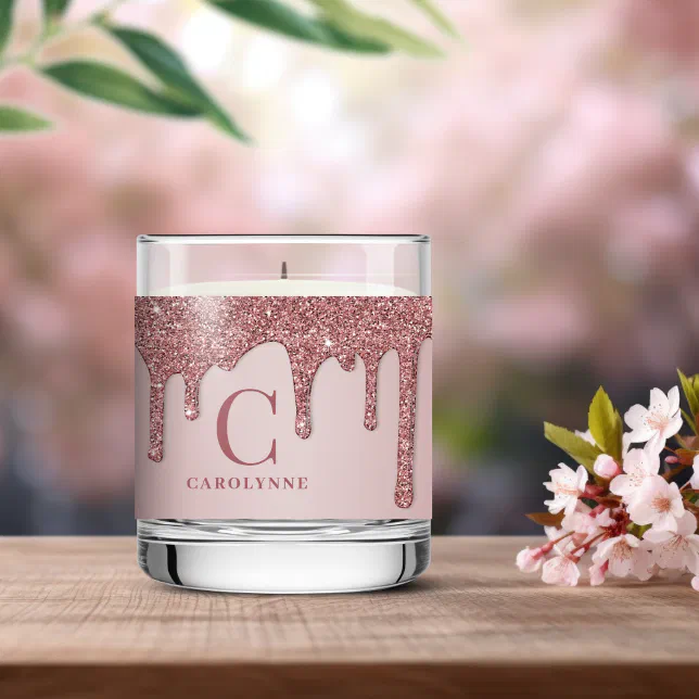 Chic Rose Gold Sparkle Glitter Drips Monogram Scented Candle | Zazzle