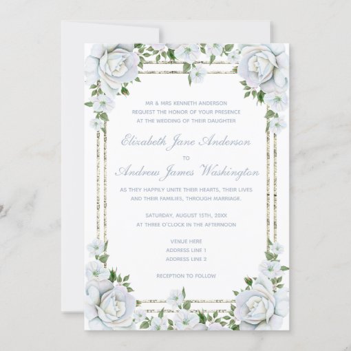 Chic Roses & Silver Border Floral Wedding Invitation | Zazzle