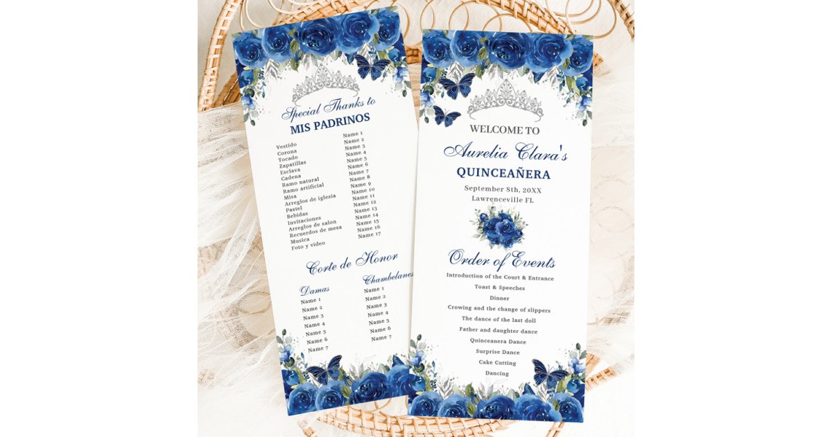 Chic Royal Blue Floral Quinceañera Order of Events Program | Zazzle