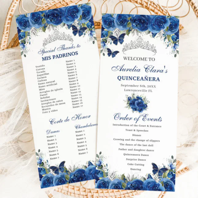 Chic Royal Blue Floral Quinceañera Order of Events Program | Zazzle
