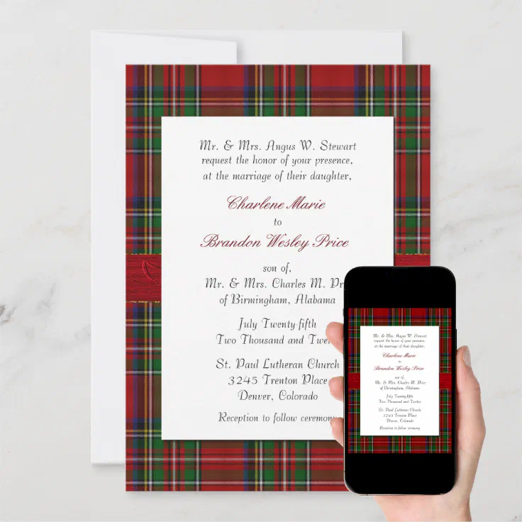 Chic Royal Stewart Plaid Wedding Invitation | Zazzle