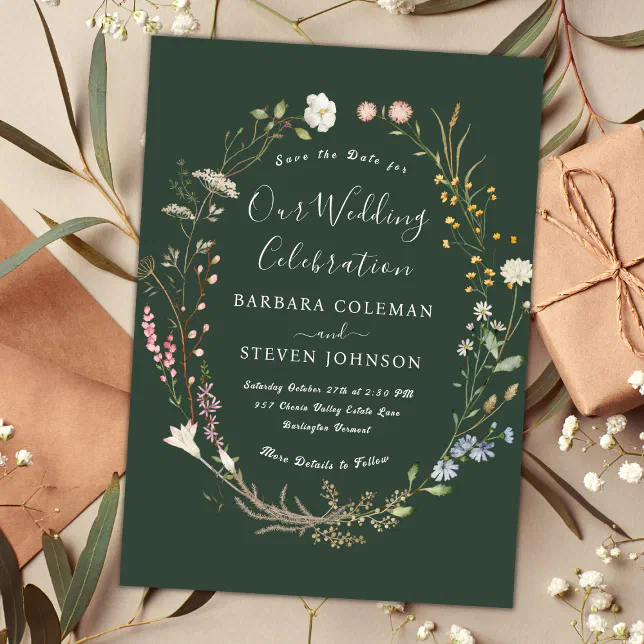 Chic Rustic Boho Wildflower Forest Green Wedding Invitation | Zazzle