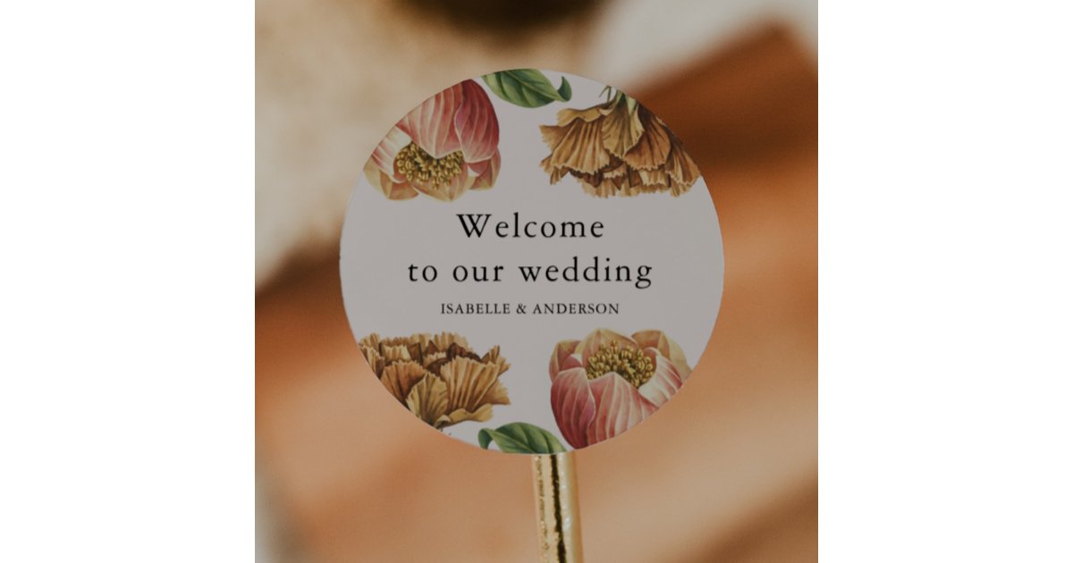 Chic Rustic Floral Wedding Welcome Classic Round Sticker | Zazzle