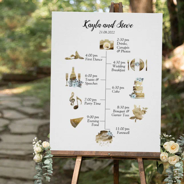 Chic Rustic Gold Watercolor Wedding Timeline Sign | Zazzle